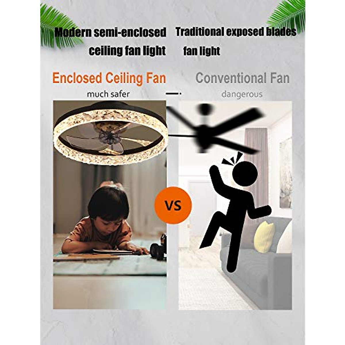 QUMFIXPU 20" Round Flush Mount Ceiling Fan with Lights, Modern Dimmable LED Low Profile Fan, Hidden Reversible Blades, Multi-Speed and Timing with Remote Control (Black)…