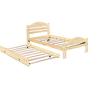 Arizona Twin Bed with Trundle Solid Pine Wooden Trundle Bed Hardwood Slats Support Unfinished Suitable for Boys Girls Kids Bedroom Single Wooden Bed Frame