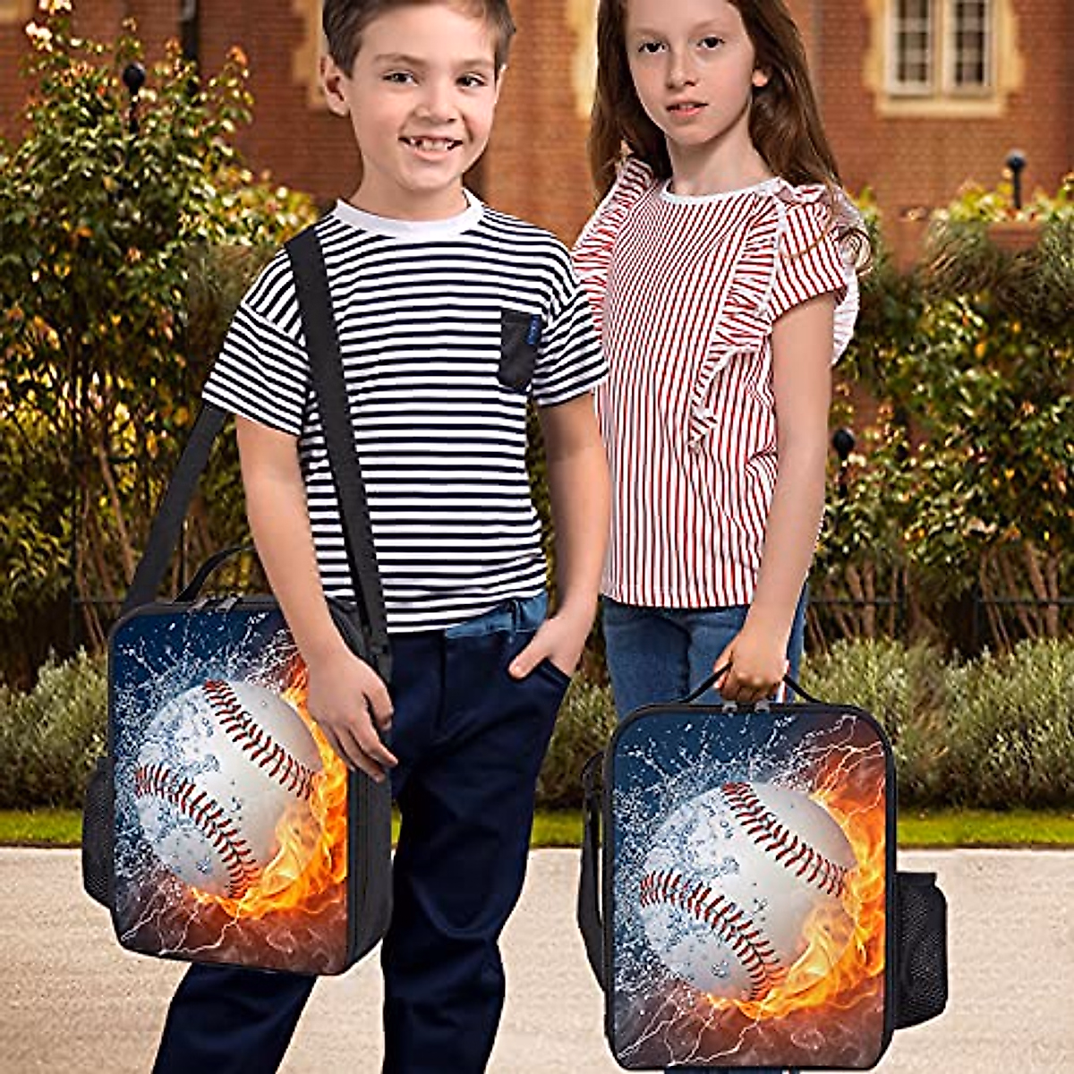 Insulated Lunch Box for Girls Boys, Leakproof Portable Lunch Bags with Adjustable Shoulder Strap and Side Pocket, Durable Reusable Cooler Tote Bag for Beach/Picnic/Office/Collega (Fire Baseball)