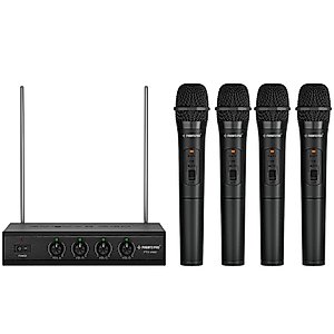 Phenyx Pro Wireless Microphone System, 4 Channel VHF Wireless Mics, w/ 4 Handheld Dynamic Microphones, Metal Receiver, Long Range, Microphone for Singing, Karaoke, Church (PTV-2000A)