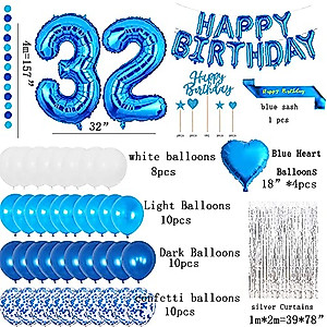 yujiaonly 32ND Birthday Party Decorations Blue Happy Birthday Foil Balloons Blue Number 32 Happy birthday Sash Cake Topper Latex and Confetti Balloons original garland Banner Number 32 (762917940014)