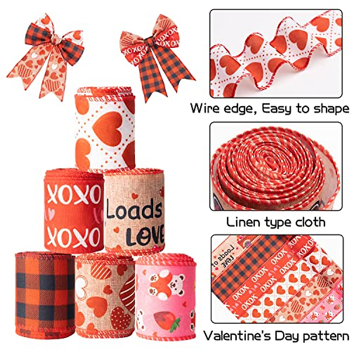 3sscha 6 Rolls Love Wired Edge Ribbons Loads of Love XOXO Bear Heart 2.5in x 30 Yards Romance Red Black Grid Wrapping Ribbon for Wedding Anniversary Proposal Marriage Decorations