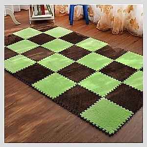 12x12x0.4in Thick Soft Square Plush Foam Carpet Tiles Area Play Rug for Room Floor,DIY Interlocking Foam Puzzles Play Mats,with Border Shaggy Exercise Mats(Size:42pcs,Color:Dark Brown + Grass Green)