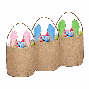 Ekoropshop 3 Pack Easter Bunny Bags for Kids Easter Jute Burlap Easter Egg Basket with Ears for Easter Egg Hunts Party