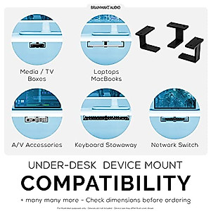 BRAINWAVZ Under Desk Laptop Mount Holder, Adhesive & Screw in, Devices Upto 1.9" Thick for Laptops MacBook Routers Surface iPads Tablets & More (Black)