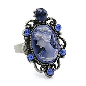 Soulbreezecollection Navy Blue Cameo Ring Adjustable Band Women Fashion Jewelry