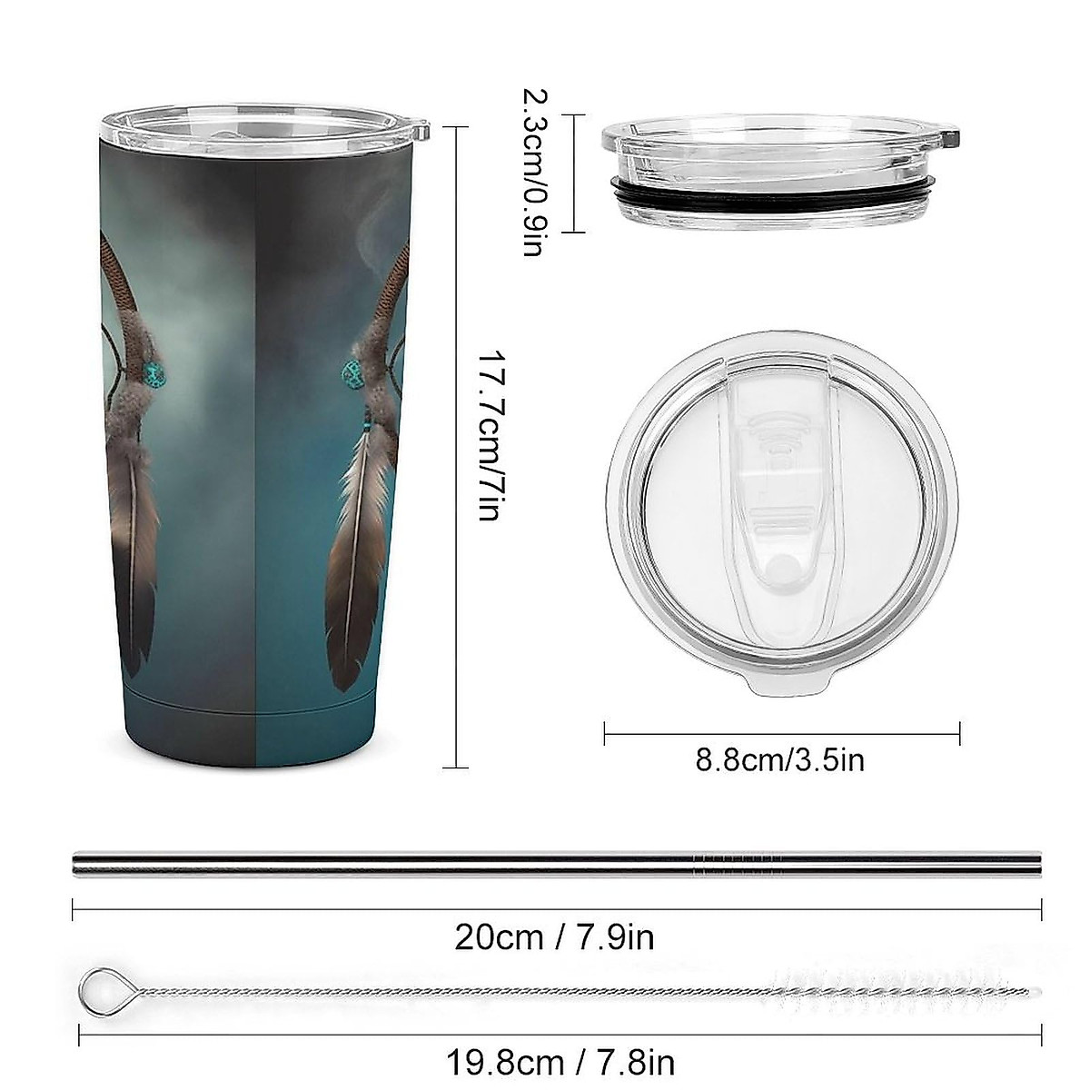 ZXDSKGYN 20 Oz Tumbler With Straw Leak Proof Thermos Cup, 3D Wolf Dream Catcher Stainless Steel Insulated Travel Coffee Mug Fit for Car Cup Holder