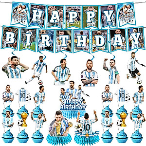 Soccer Birthday Decorations, Soccer Birthday Party Decorations Include 12 Cupcake Topper, 2 Banner, 3 Centerpieces, and 6 Hanging Swirls, Soccer Themed Birthday Party Supplies for Kids