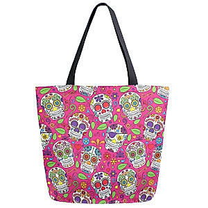 ZzWwR Chic Mexican Sugar Skull Floral Pattern Extra Large Canvas Beach Travel Reusable Grocery Shopping Tote Bag Portable Storage HandBag