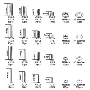 950 Pcs Flat Head Hex Socket Head Cap Screws Bolts and Nuts and Washers Assortment Kit, M2/M3/M4/M5 Allen Socket Drive Stainless Steel Bolts Nuts Washers Set