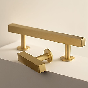 QOGRISUN 2-Pack Solid Brass Cabinet Handles, Gold Square T Bar Cabinet Pulls, 5 Inch Hole Center for Kitchen Dresser Drawer Cupboard, Brushed Brass Finish