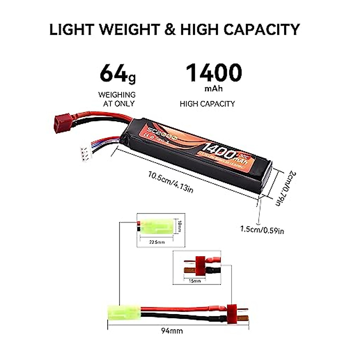 11.1V LiPo Battery Airsoft Deans Connector Rechargeable 1400mAh 30C Stick Battery with T Plug to Mini Tamiya Cable for Airsoft Guns Airsoft Rifle