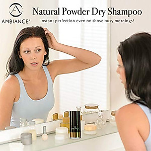Natural Dry Shampoo for Women & Men by Ambiance | Brunette Tinted Powder | Travel Size Applicator Brush for Dark Brown Hair | Cleansing, Refreshing, & Volumizing