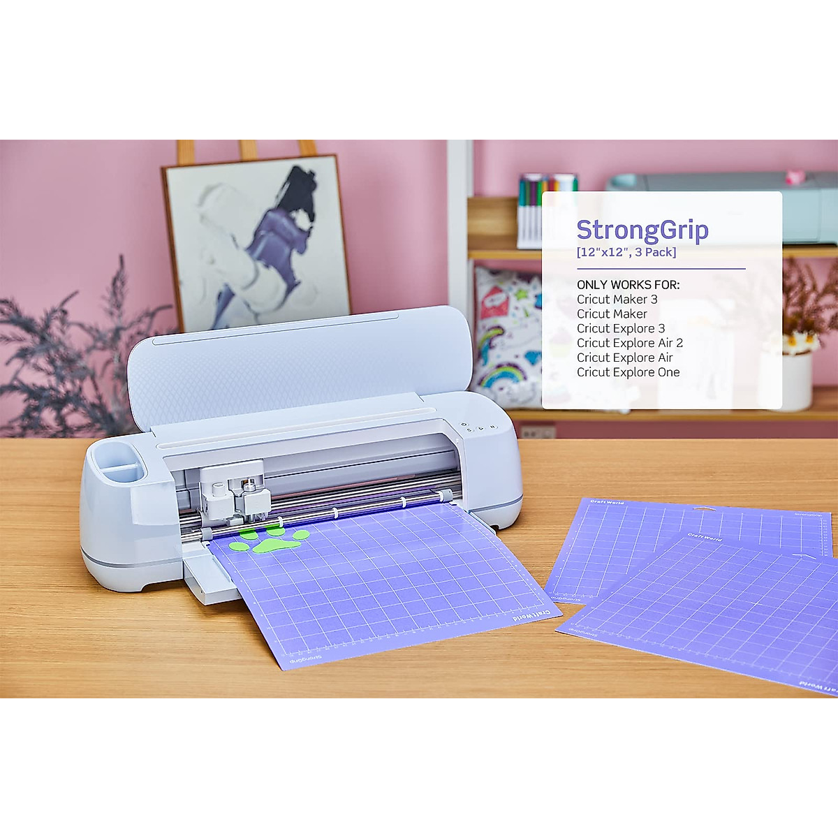 Craft World 12x12 Cutting Mat for Cricut Maker 3/Maker/Explore 3/Air 2/Air/One(Stronggrip, 3 Pieces), Cricket Mat Perfect Stickiness for Thick Material