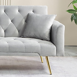 RIDFY Velvet Sofa Bed Futon with 2 Pillows, Modern Convertible Sleeper Couch, Folding Upholstered Recliner Loveseat, 3-Angle Adjustable, 2-in 1Memory Foam Living Seat for Office Studio (Grey)