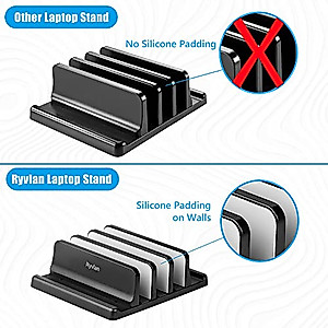 Ryvlan Vertical Laptop Stand, Adjustable 3 Slot Laptop Storage with Rubber Padding, Multiple Laptop Holder for Desk, Premium Plastic MacBook Holder - Ipad Shelf, Kindle, Tablet Storage - Black