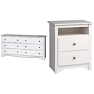 Sonoma 6 Drawer Double Dresser for Bedroom, White & Sonoma Nightstand with Open Shelf, White