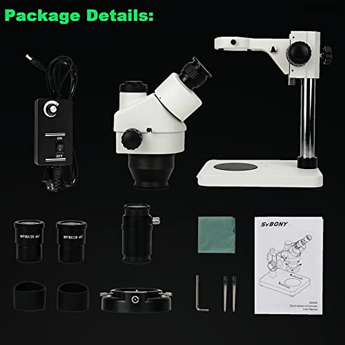 SVBONY SM402 Microscope for Adults, Professional Trinocular Stereo Zoom Microscope, with WF10x Eyepieces, 0.7X-4.5X Zoom Objective, LED Lighting, Large Pillar-Style Table Stand