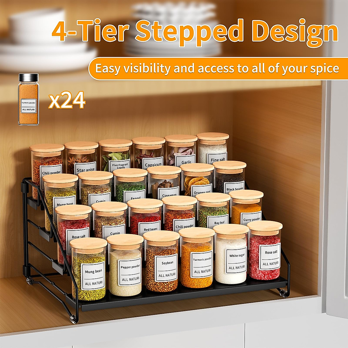 RCHYFEED Spice Rack Organizer for Cabinet Pantry,4 Tier Countertop Spice Rack,Step Spice Organization Easy Visibility,Tierd Depth Expandable Seasoning Shelf for Cabinet Organizer (Black, 1Pack)