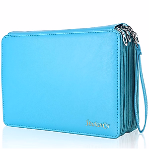 Shulaner 200 Slots Colored Pencil Case Organizer with Zipper PU Leather Large Capacity Pen Holder Bag (Lake Blue)