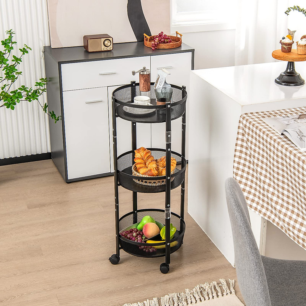 Giantex 3-Tier Fruit Vegetable Basket with Rollers - 35" Tall No Assembly Required Metal Wire Storage Organizer Trolley Cart, Tool-Free Assembly One-Second Folding Utility Cart with Wheels