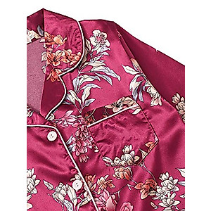 WDIRARA Women's Silk Satin Pajama Set 4 Pieces Sleepwear Loungewear Pj Sets Burgundy M