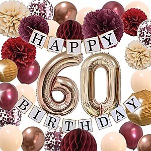 60th birthday decorations women – Rose gold 60 birthday party supplies for Happy Womens with Fabulous Champagne burgundy flowers Balloons Tissues Decor (burgundy + Champagne)