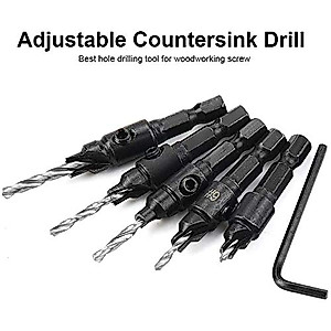 Y-imoi Drill Bit Set 5 Pieces Countersink Drill Bit Set Adjustable Countersink Bit Professional Drill Bits for Metal, Woodworking, Aluminum, Plastic Premium High Speed Steel Bit for Power Tools