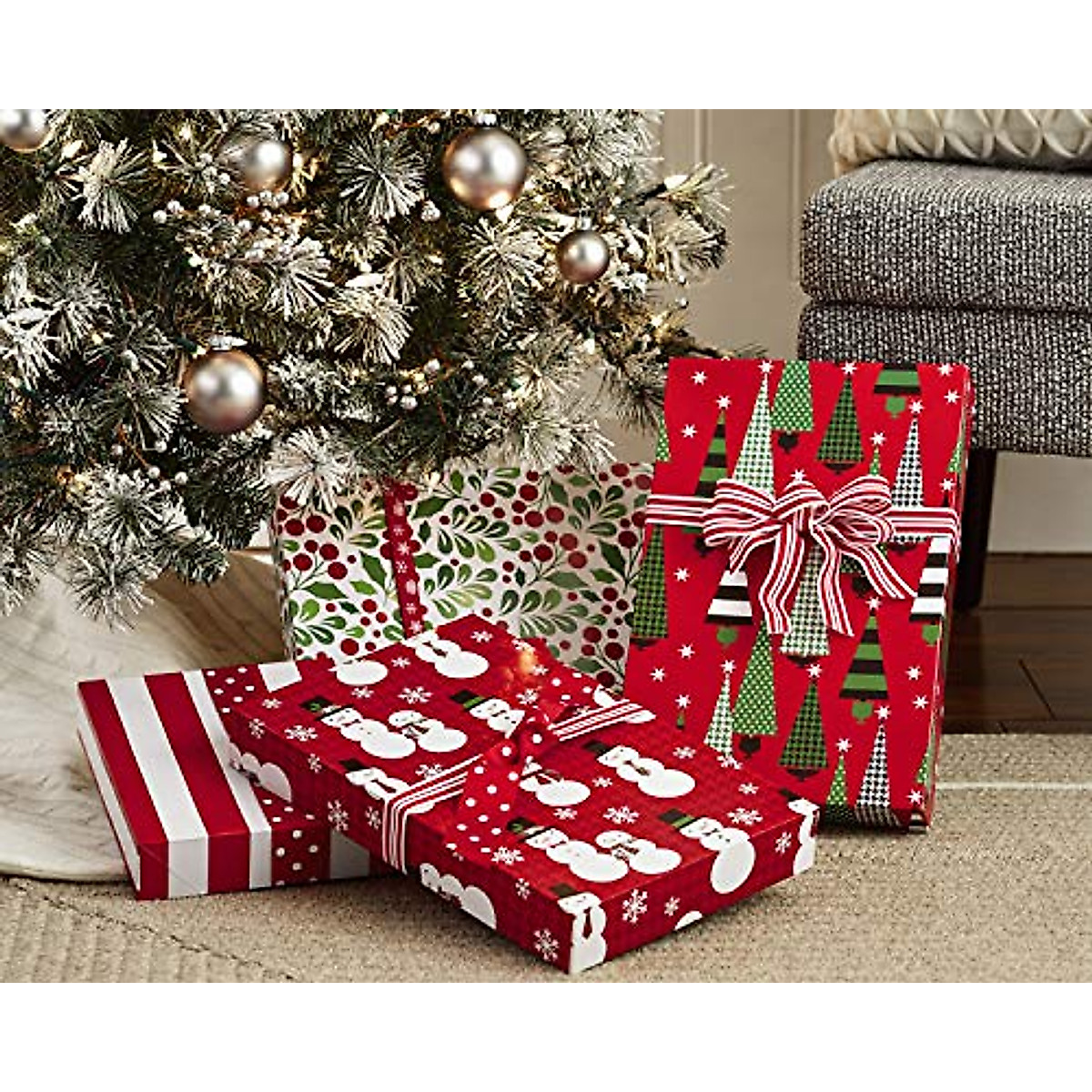 Hallmark Christmas Gift Boxes with Lids in Assorted Designs (Pack of 12: Trees, Stripes, Snowmen, Holly) Red, Green and White Patterned Shirt Boxes for Wrapping Gifts