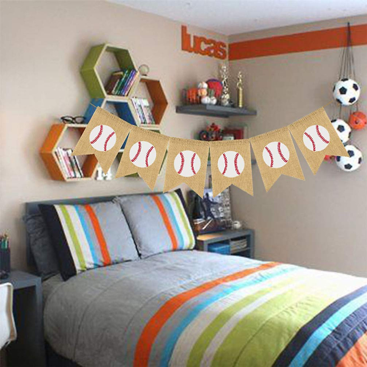 Amosfun Sport Theme Party Banner Vintage Burlap Baseball Pattern Happy Sport Bunting Banner for Sport Baseball Lover Boy Birthday Decoration