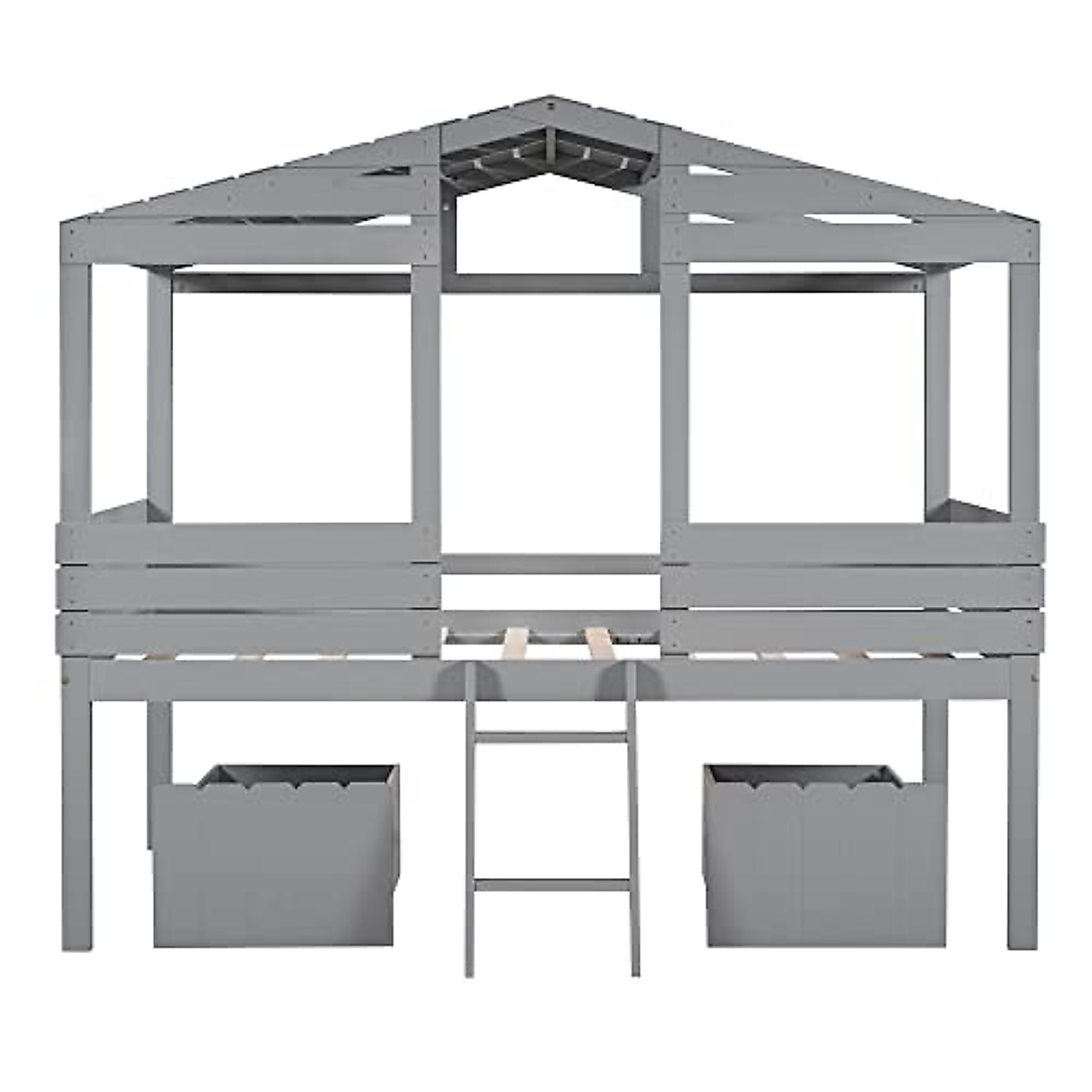 Merax Twin Kids Wood Low Loft House Bed with Drawers and Ladder Loft Bunk Bed for Juniors,Boys, Girls,No Box Spring Needed, Gray