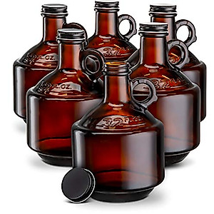 KooK Amber Glass Bottles, Growlers, with Black Plastisol Lined Lids, Beer, Soda, Cider, Kombucha, Set of 6, 32oz