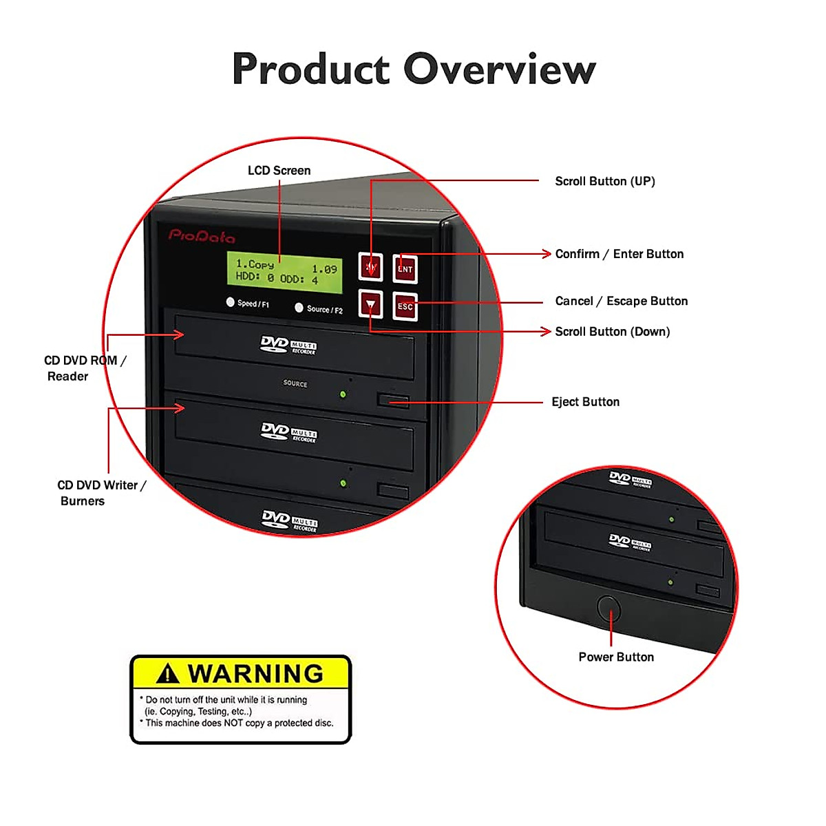 Piodata 1 to 3 24X Burner M-Disc Support CD DVD Duplicator - Standalone Copier Duplication Tower PIO-S3T-DVD-BK