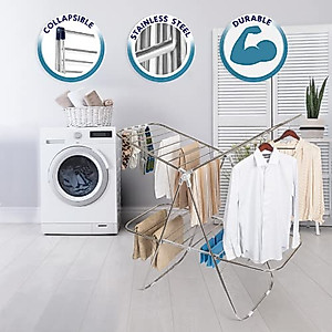 Luxe Laundry Premium Clothes Drying Rack, Foldable 2-Layer Stainless Steel Drying Rack, Free Standing with Height Adjustable Wings, Stainless Steel, Sock Clips, Towel Rack, Clothes, White