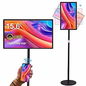 AYSTekMann 15.6'' Interactive LCD Digital Signage Display Advertising Kiosk with wireless screen mirroring,5G WiFi 4+64GB With Auto Play All in One Android with Adjustable Metal Floor Stand