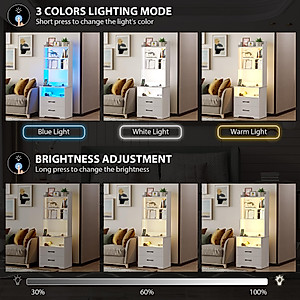 Vlsrka Tall Nightstand with Charging Station, 54" Smart Nightstand with LED Lights, Modern Night Stand with Bookshelf, Bedside Tables with Storage Cabinet for Bedroom, White