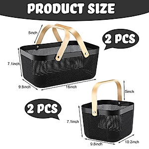 Sadnyy 4 Pcs Plastic Mesh Garden Harvest Basket Storage Basket with Wooden Handle Multi Functional Mesh Bin for Kitchen Cabinet Picnic Fruit Vegetable Gathering Organizer(Large, Small,Black)