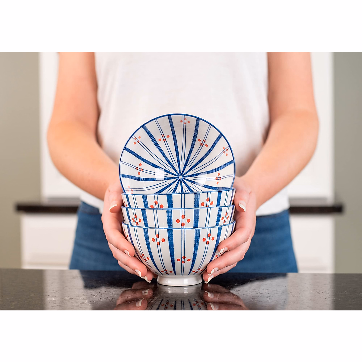 Nat & Jules Stripes and Dots White 18 ounce Ceramic Cereal Ramen Bowls Set of 4