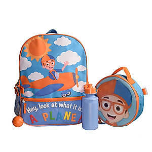 AI ACCESSORY INNOVATIONS Blippi Girls & Boys Toddler 4 Piece Backpack Set, Kids School Travel Bag with Front Zip Pocket, Mesh Side Pockets, Insulated Lunch Box, Water Bottle, and Squish Ball Dangle