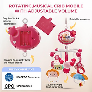 YUNGCHI Baby Mobile for Crib with Crib Toys Music and Lights for Pack and Paly Crib Musical Carousel Mobile Baby Mobile for Girls and Boys Portable Mobile for Baby Bassinet Toys Hanging - Red