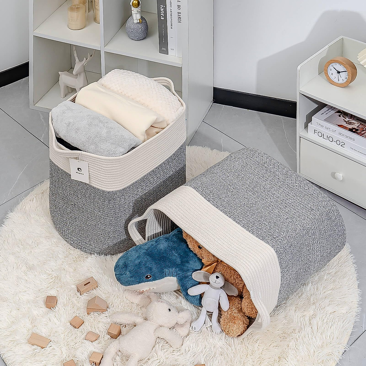 Laughbird Tall Storage Bins Rectangle Basket Cotton Extra Large Toy Storage Hamper Rectangular with Handles,Decorative Blanket Laundry Basket for Living room,Dog Baskets Large Basket for Toys 2 pack