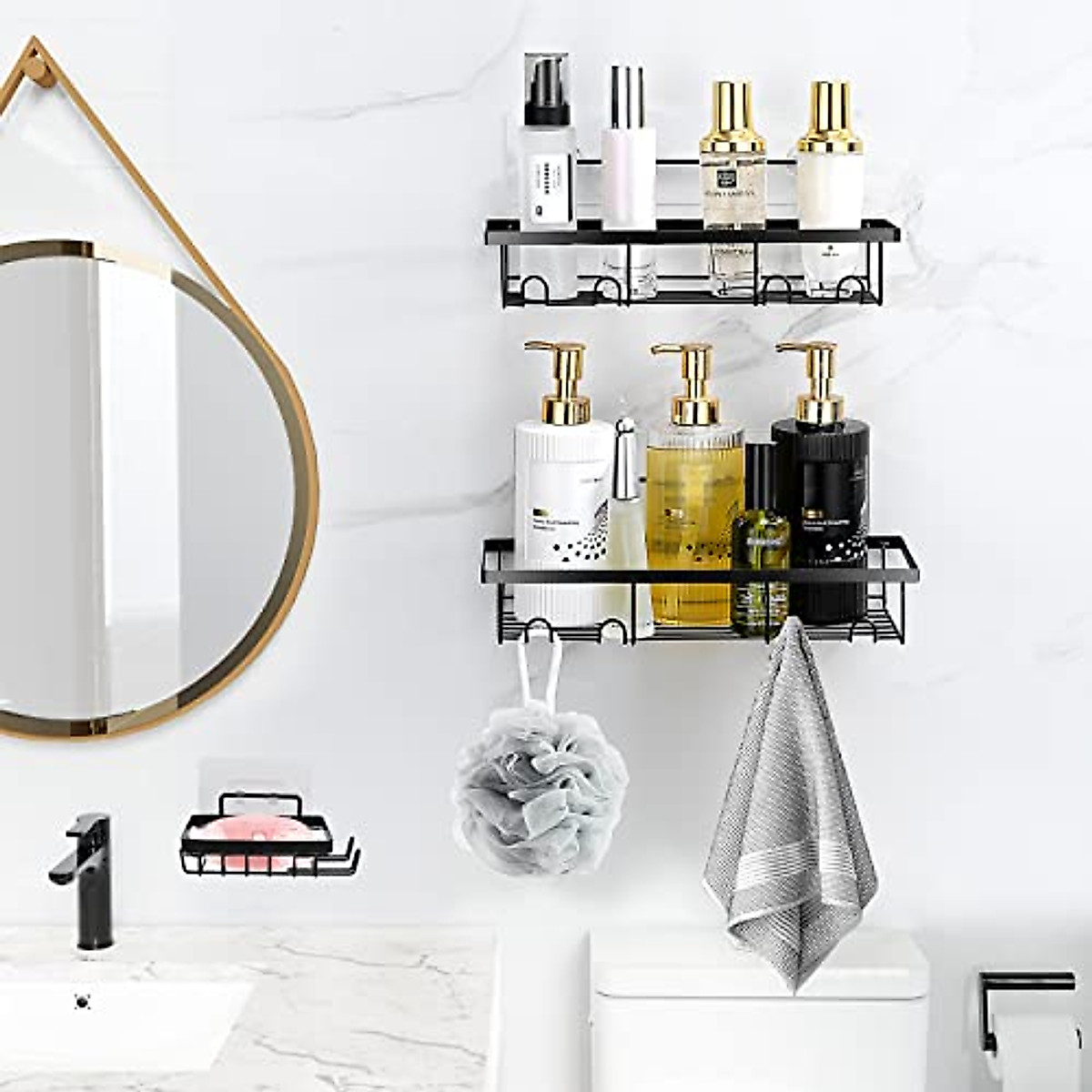 GEFTZRD 3 Pack Shower Caddy,Self Adhesive Bathroom Shelf with Soap Holder,Stainless Steel Rustproof Bathroom Shower Organizer No Drilling Shower Wall Shelves