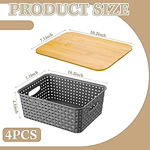 Barydat 4 Pack Plastic Storage Baskets with Bamboo Lid Pantry Organization Storage Containers Lidded Bins Container for Shelves Drawers Desktop Closet Playroom Classroom Office(Gray)