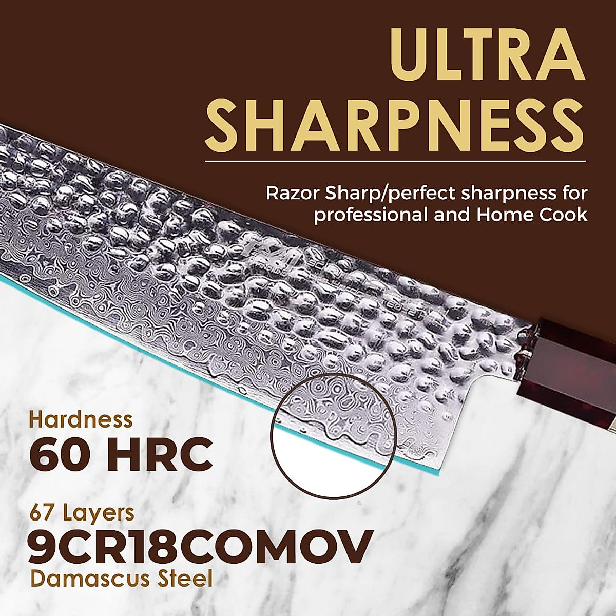 Paul Brown's™ 8 Inch Chef Knife 9Cr18COMOV 67 Layers Damascus Steel Resin Handle Chef Knife with Pine wood Gift box and Leather Sheath