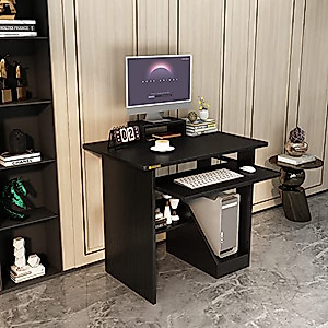 YQ JENMW 29in Computer Desk with Monitor Stand and Keyboard Tray for Small Space, Wood PC Laptop for Bedroom, Writing Table with Shelves for Kids, Black