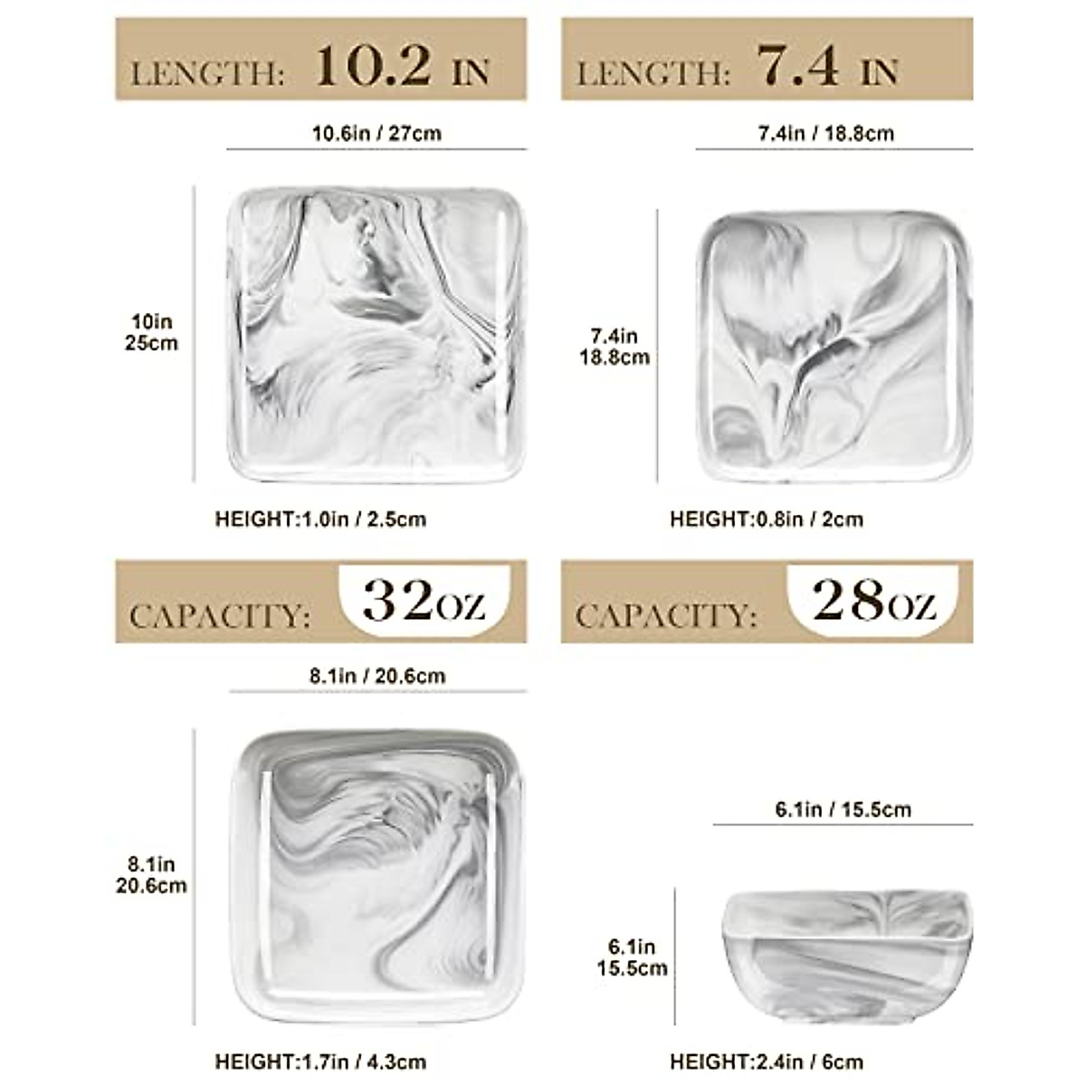 MALACASA Plates and Bowls Sets, 24-Piece Porcelain Dinnerware Sets for 6, Marble Grey Dish Set, Square Dinnerware Set with Dinner Plates and Bowls, Series IVY