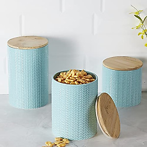 Home Basics Wave 3 Piece Ceramic Canister Set With Bamboo Tops, Turquoise