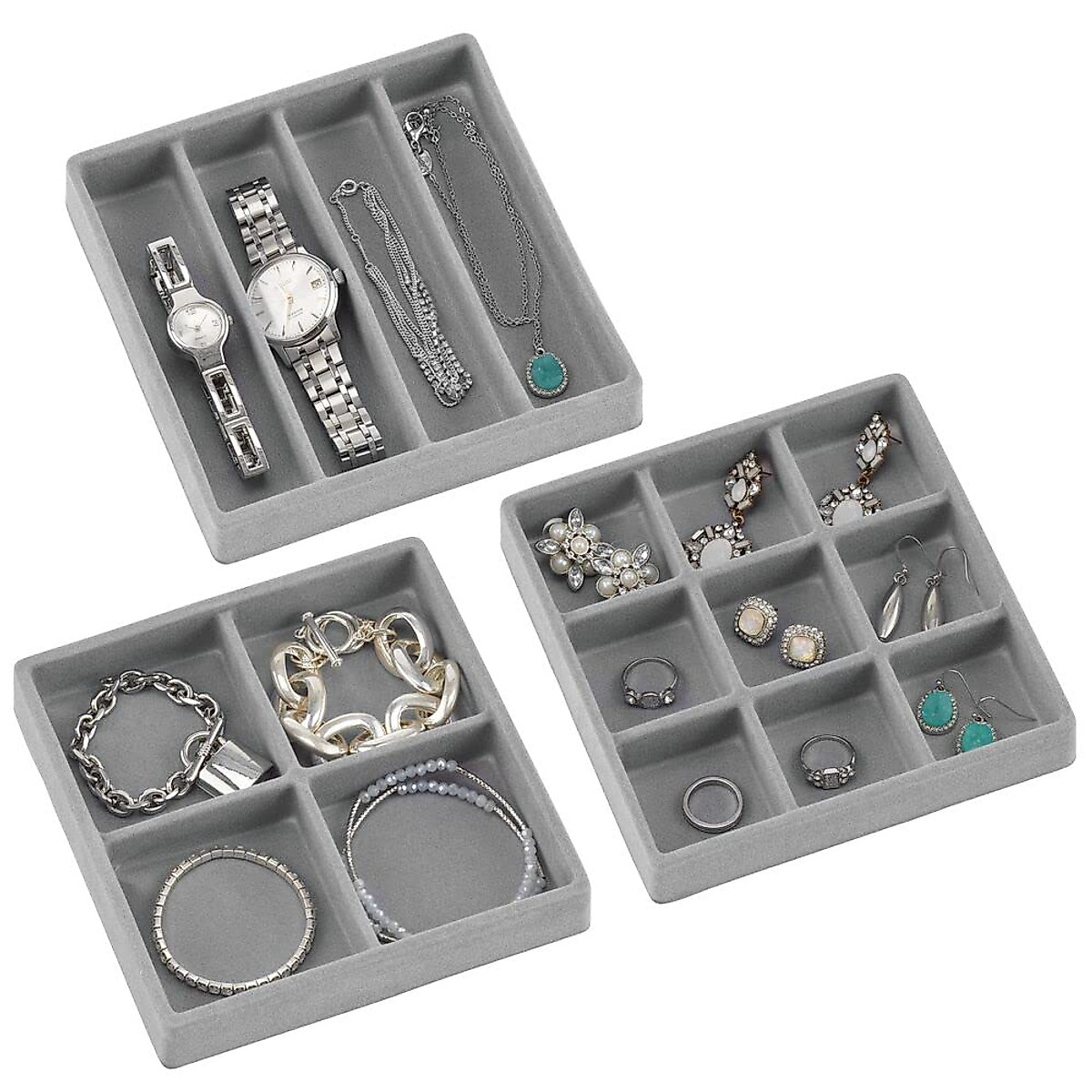 mDesign Plastic Small 3-Drawer Jewelry Organizer Box for Storage on Dresser, Vanity, Countertop - Holds Earrings, Bracelets, Necklaces, Bangles, Rings, 2 Pack - White/Gray