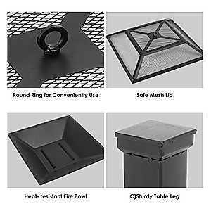 HEMBOR 32" Outdoor Fire Pit Table with Grill, Wood Burning Fireplace Bowl, Multi-Function Square Stove, w/Spark Screen, Poker, Rainproof Cover for Picnic, Camp, Bonfire, BBQ, Patio, Backyard, Party