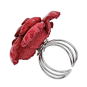 AeraVida Red Petals Genuine Leather Blooming Rose Free Size Ring | Floral Statement Adjustable Ring for Women | Statement Handmade Ring